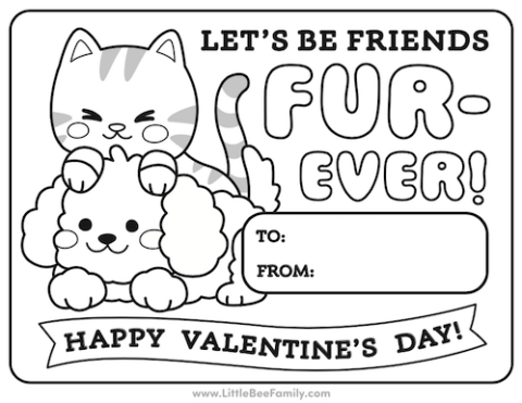 Furry Friends Valentine Coloring Page - Little Bee Family